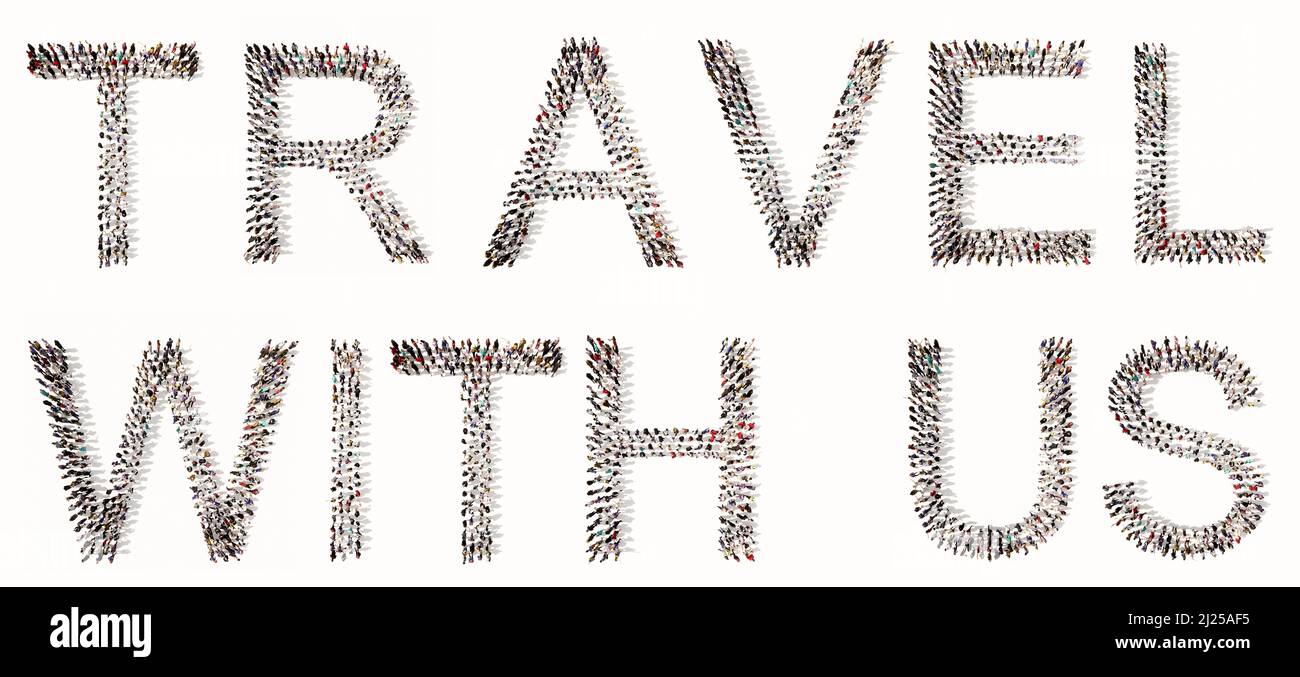 Concept conceptual large community of people forming TRAVEL word. 3d ...