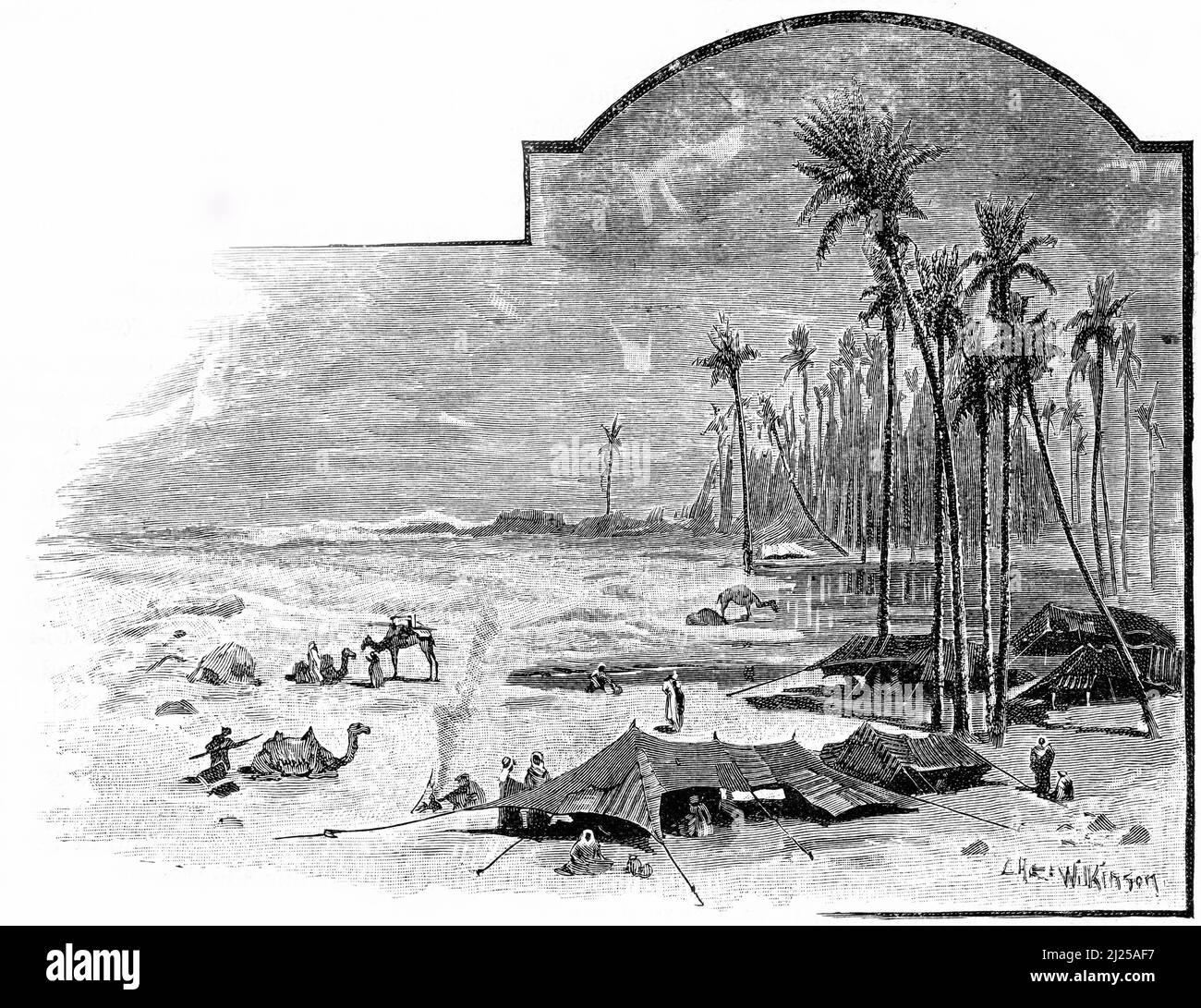 Engraving of Middle Eastern people settled in at an oasis in the desert ...