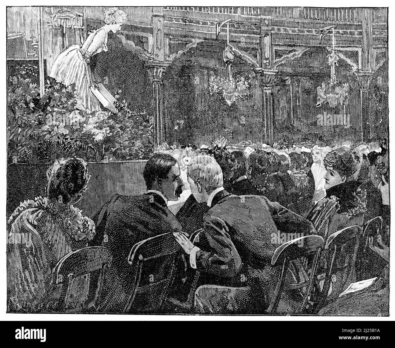 Engraving of two young men discussing the performance of a young female ...