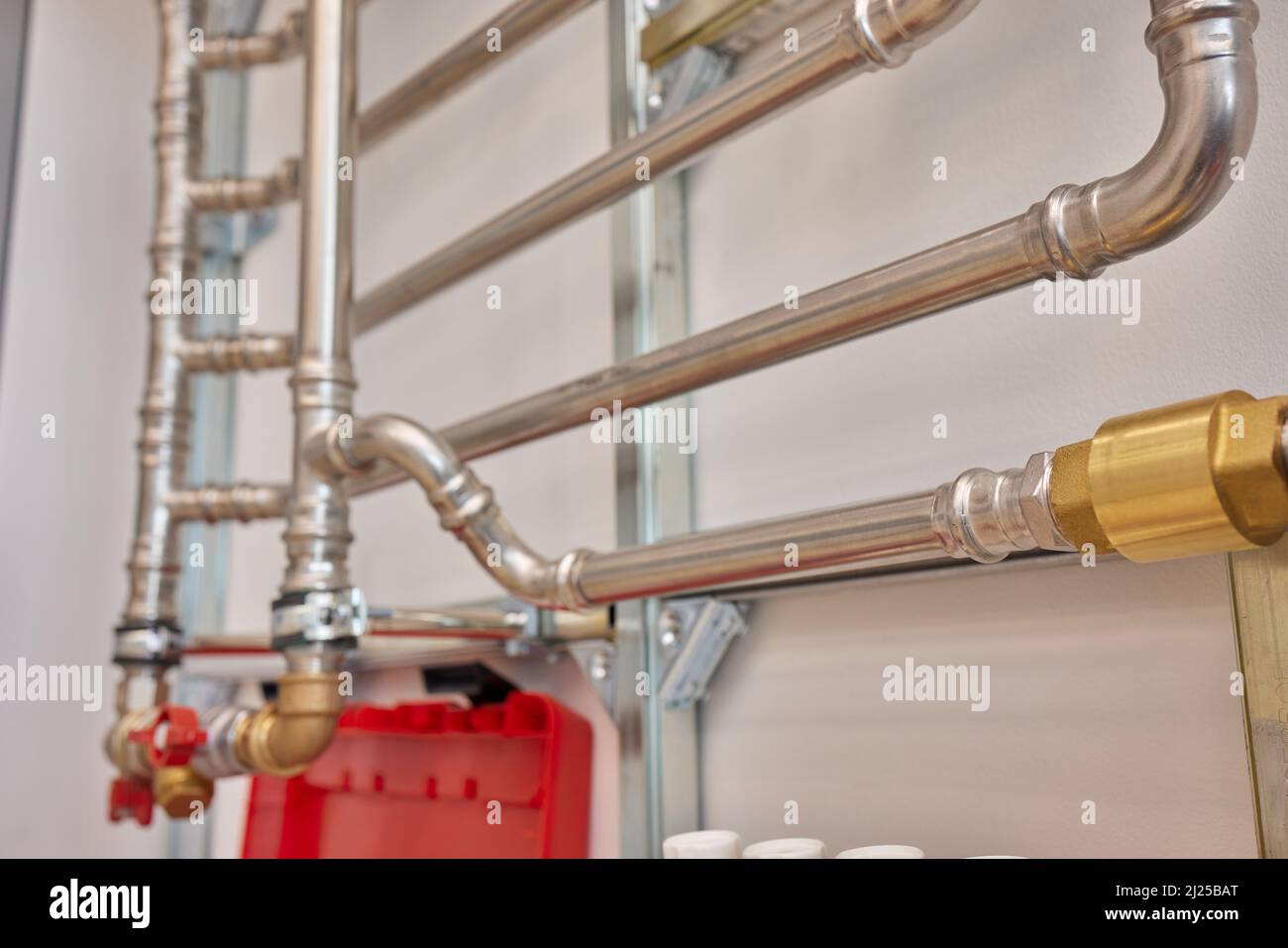 Plumbing service. copper pipeline of a heating system in boiler room ...