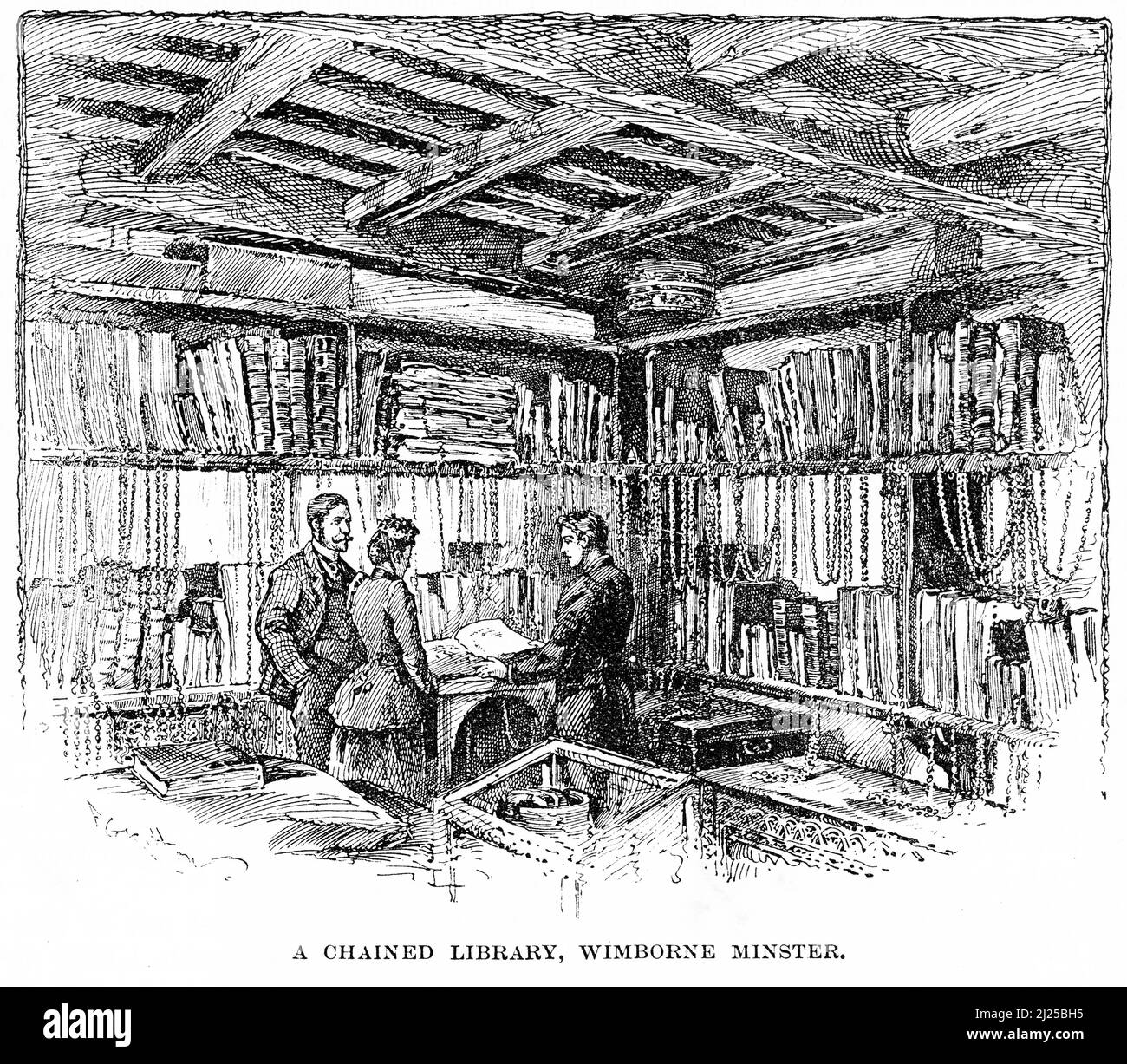 Engraving of a library of chained books at Wimborne Minster, circa 1890 ...