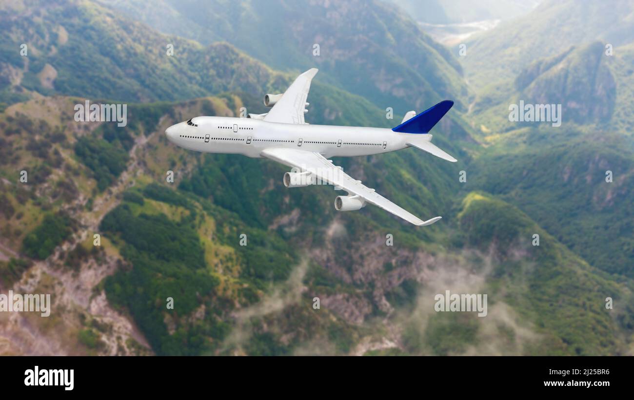 Aerial view of aircraft. Airplane is flying over mountains with forest ...