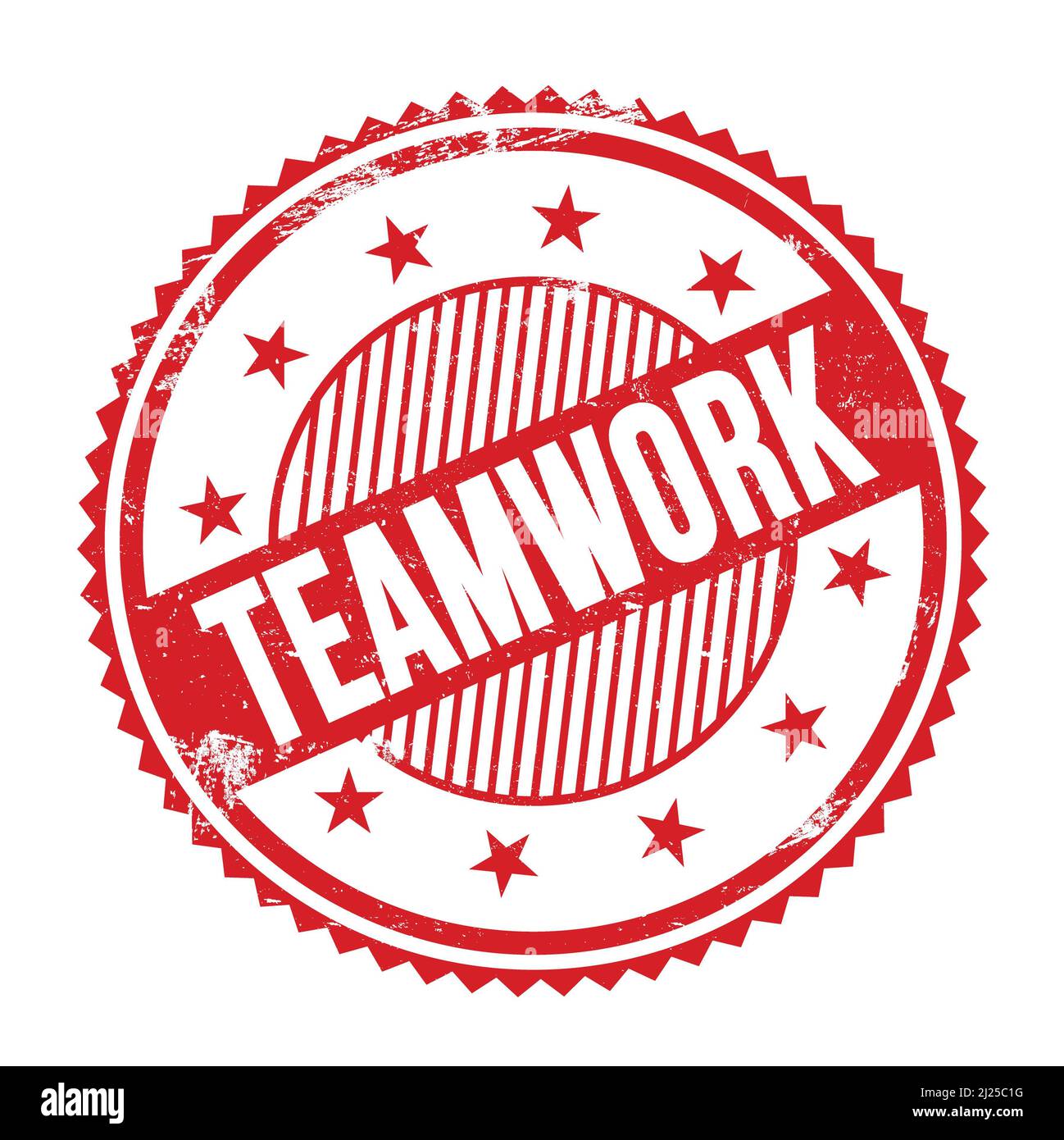 TEAMWORK text written on red grungy zig zag borders round stamp Stock ...