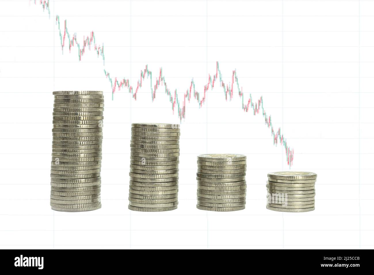 Coins stacked in piles and financial chart. Future income. Stack of ...