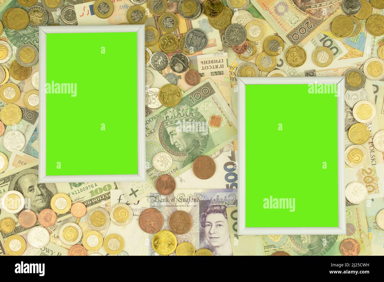 Paper money and coins from different countries and different ...