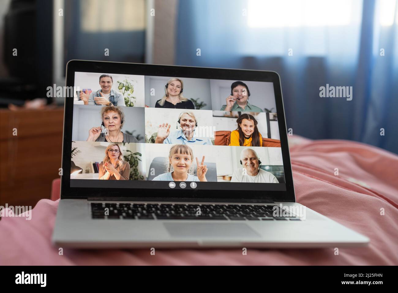 Virtual Meeting. Group Video Call In Bed At Home, Online Communication ...
