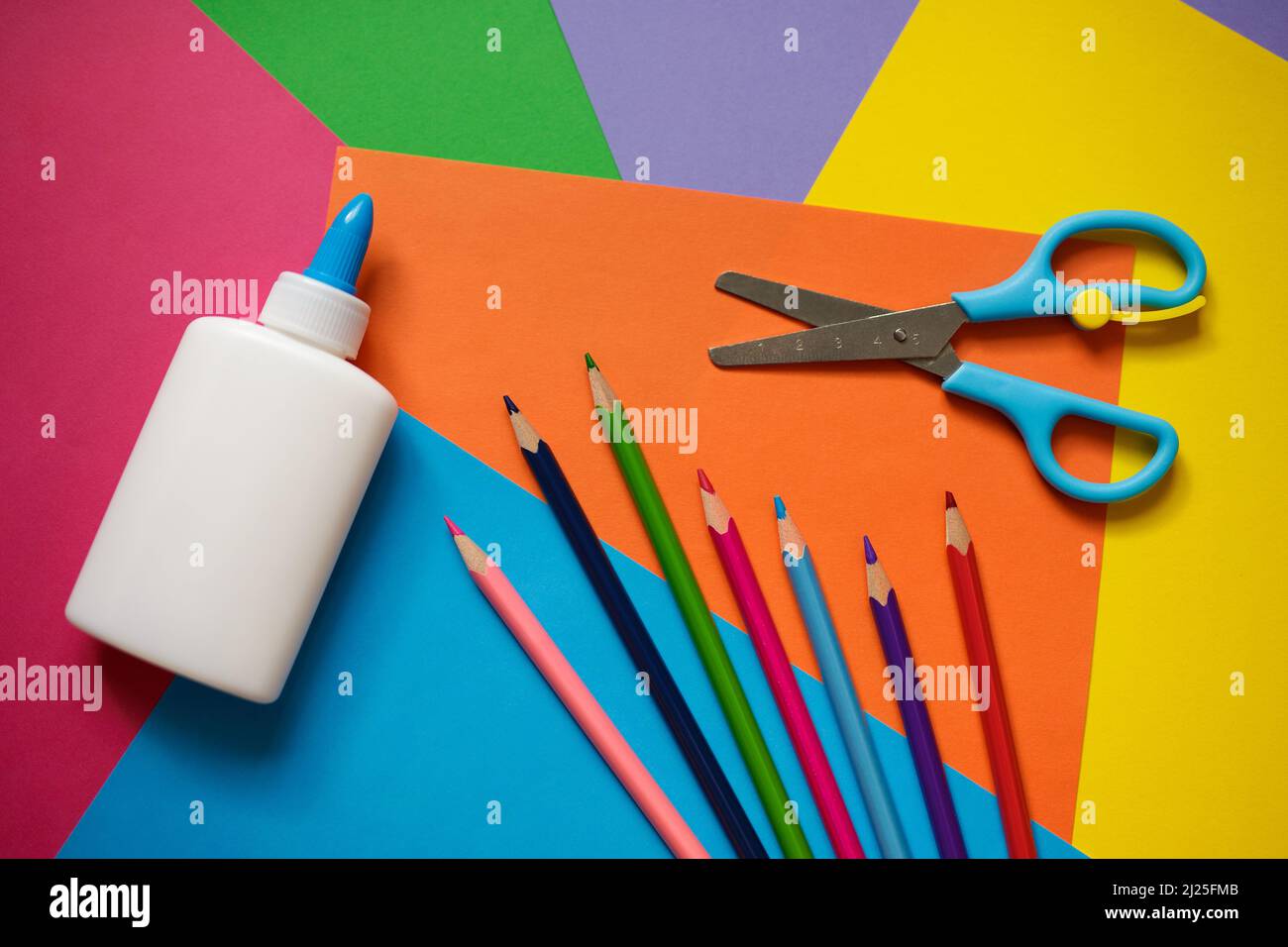 creativity concept - set for application, colorful paper, pencils, glue ...
