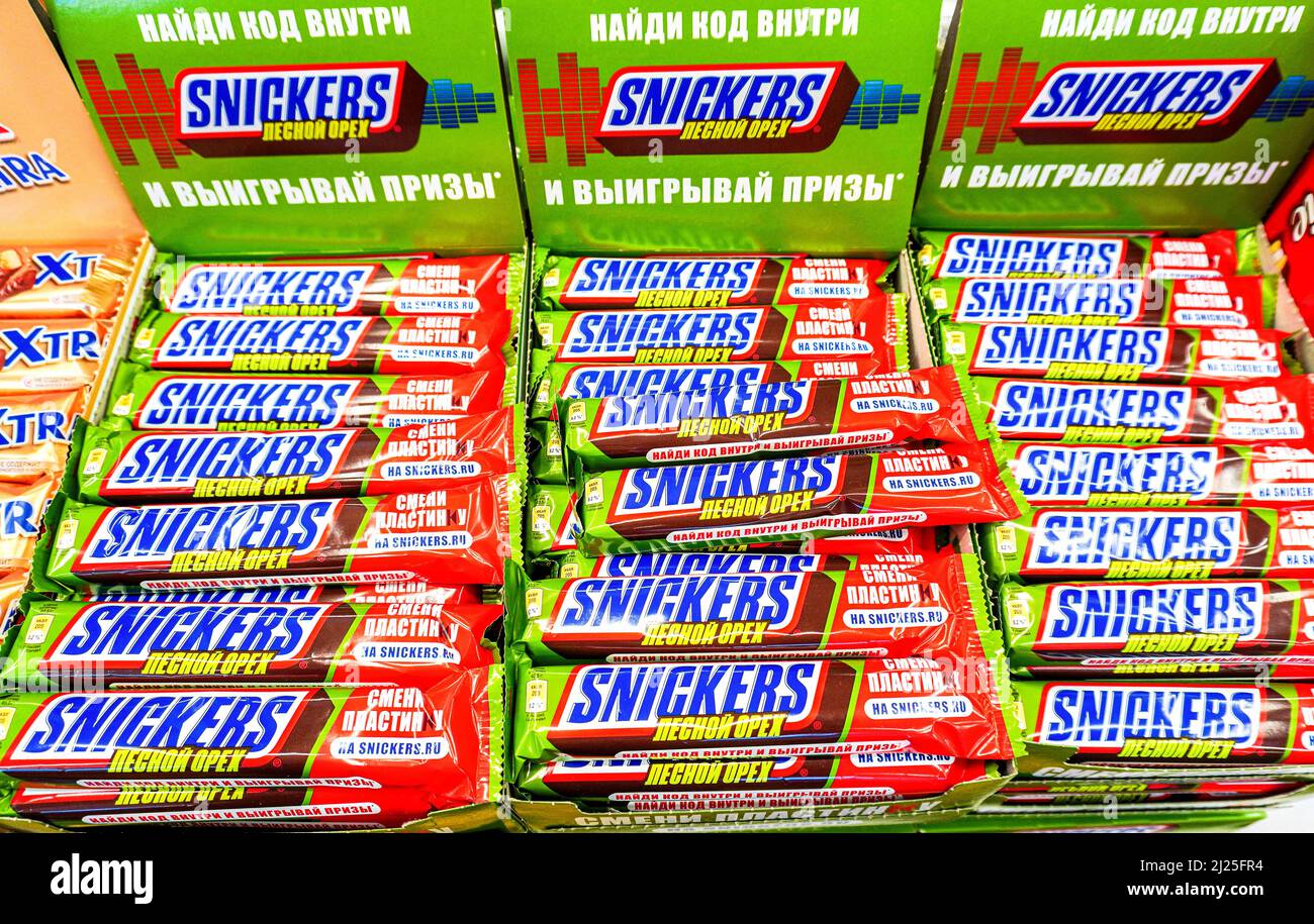 Samara, Russia - March 22, 2022: Snickers chocolate bars on a store ...