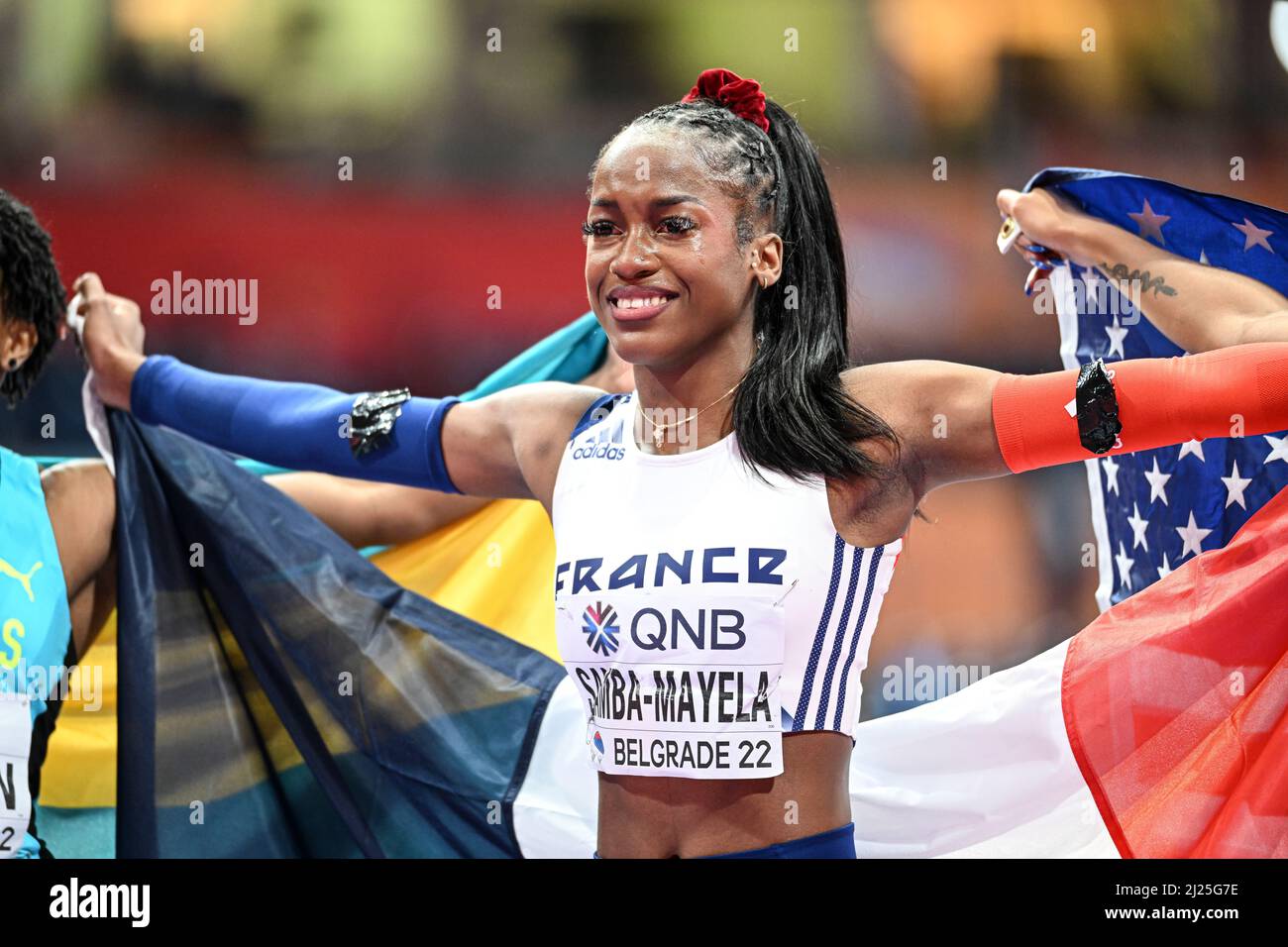 Cyrena Samba-Mayela with the France flag at the Belgrade 2022 Indoor ...
