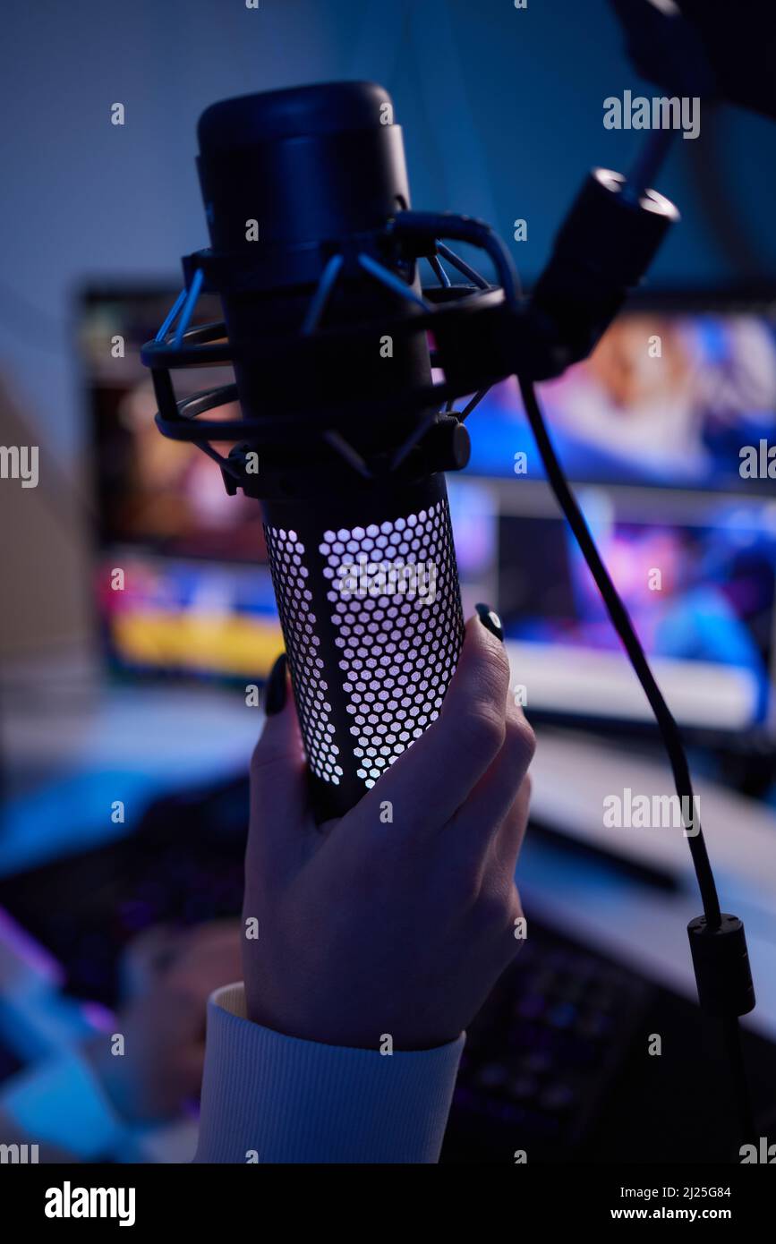 Microphone computer set for stream gaming and blurry background ...