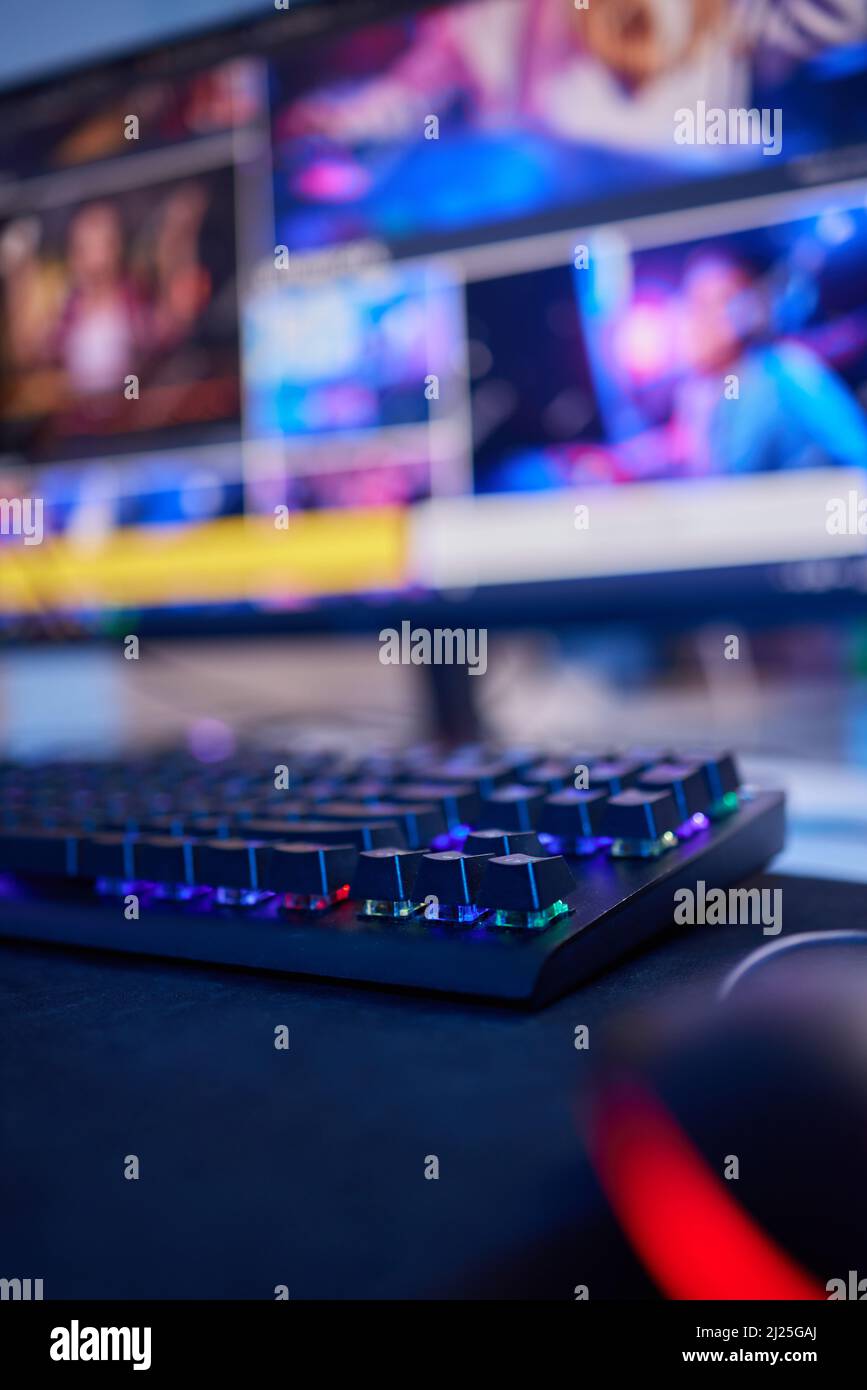 RGB gaming keyboard. Bright colorful keyboard, soft focus. Mechanical ...