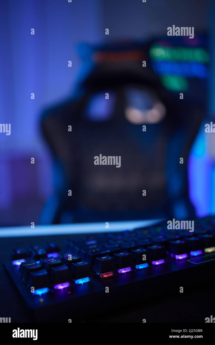 RGB gaming keyboard. Bright colorful keyboard, soft focus. Mechanical ...