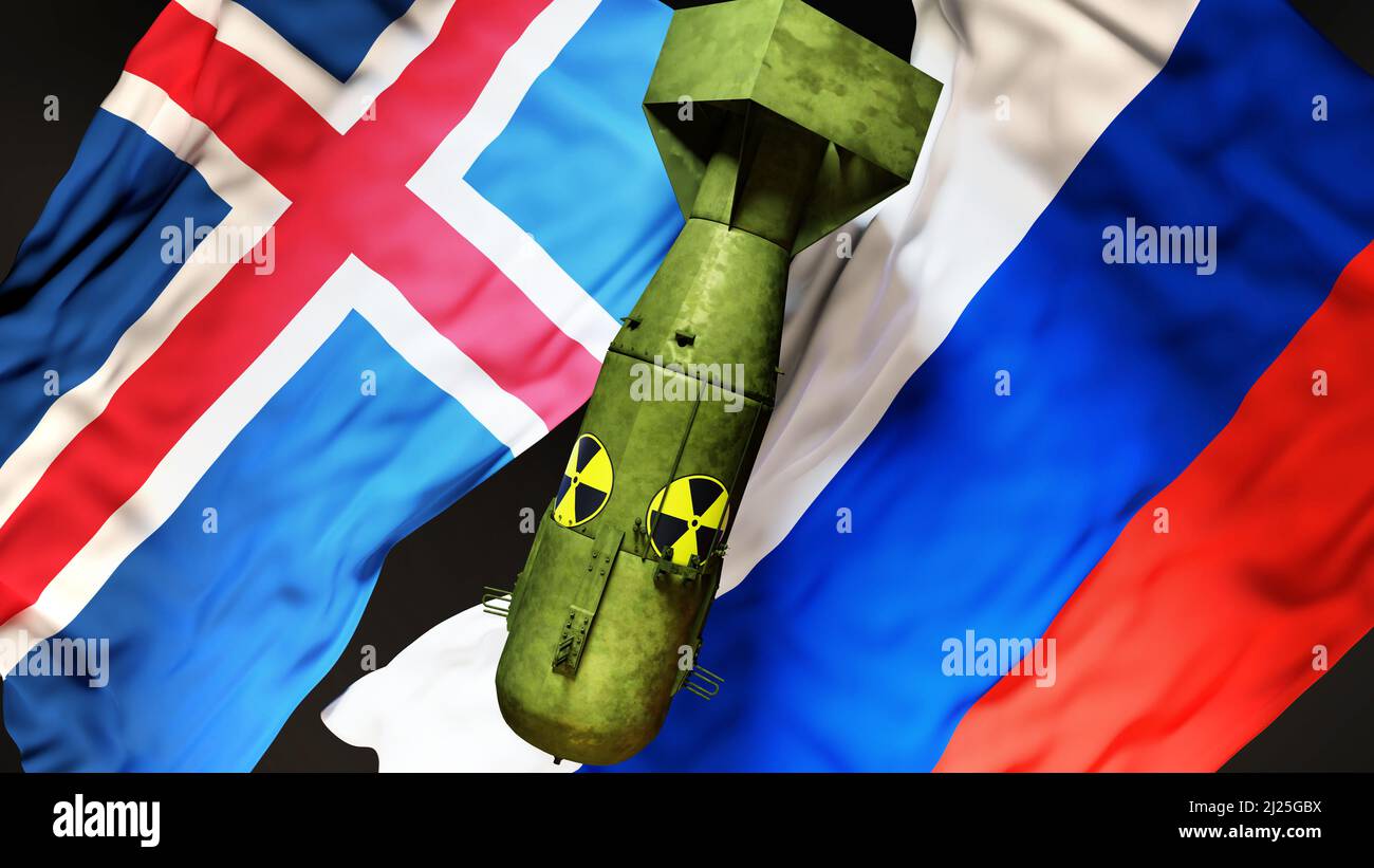 Iceland and Russia nuclear war, conflict and crisis. National flags and ...