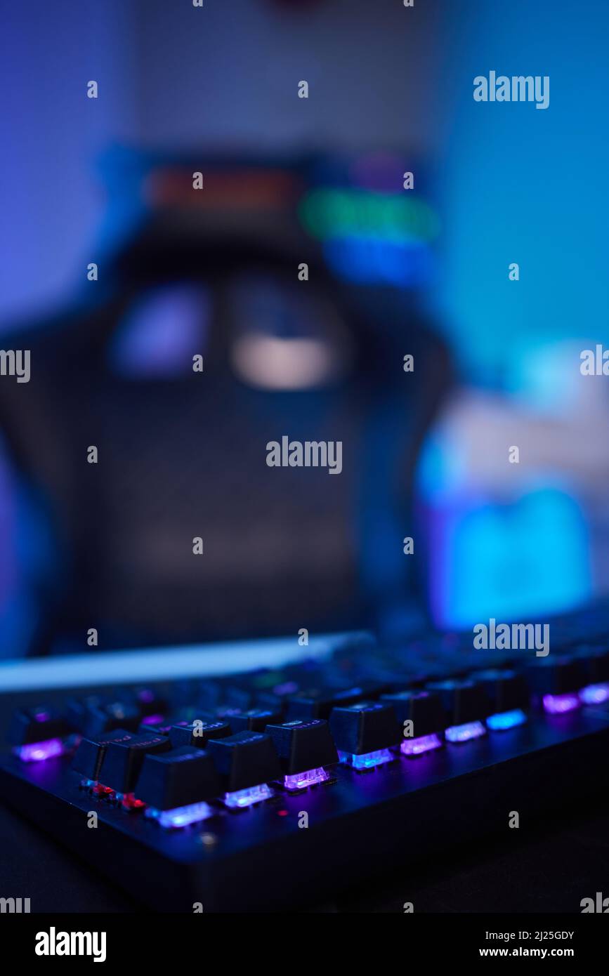 RGB gaming keyboard. Bright colorful keyboard, soft focus. Mechanical ...