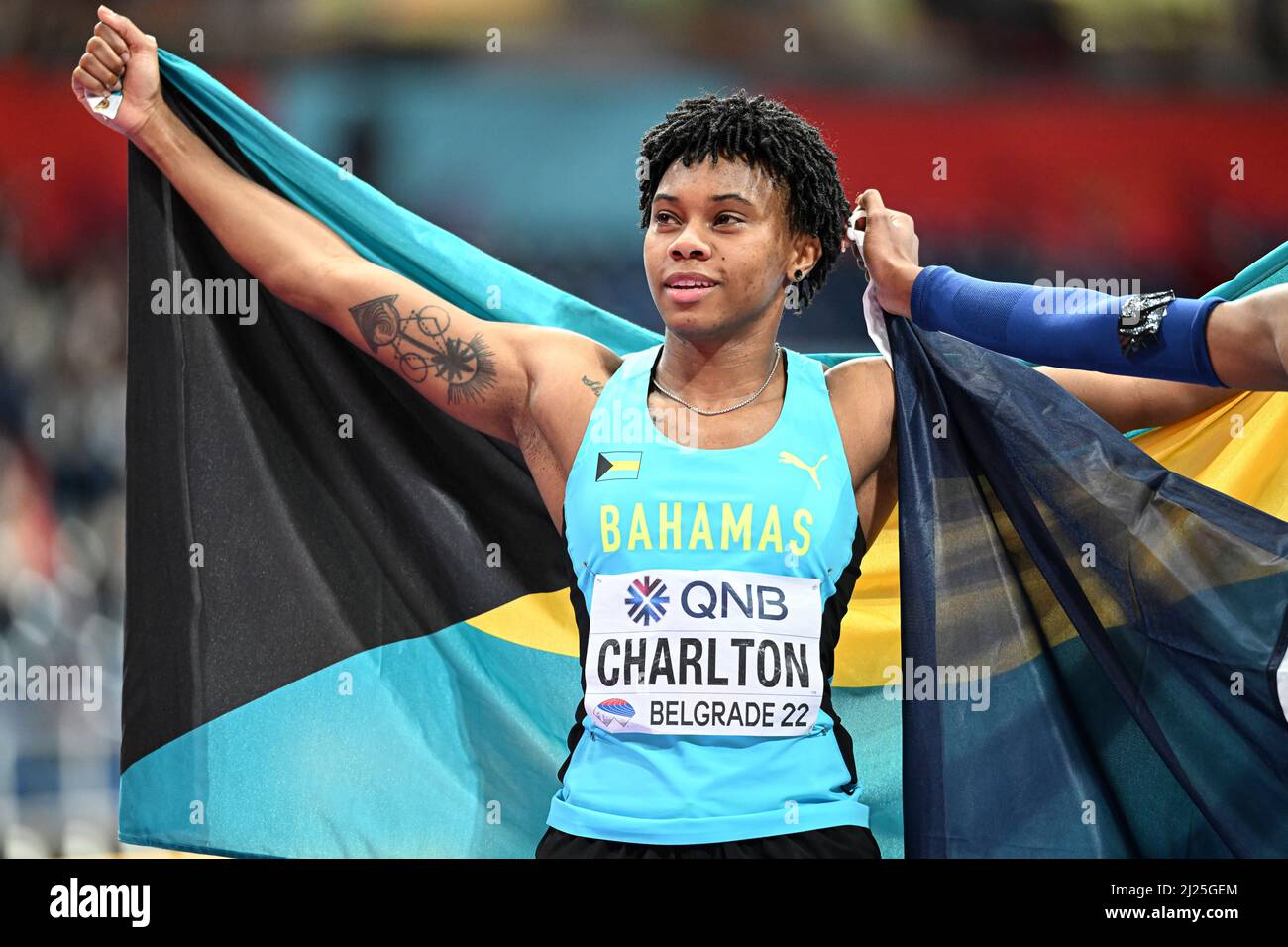 Devynne Charlton with the Bahamas flag at the Belgrade 2022 Indoor ...