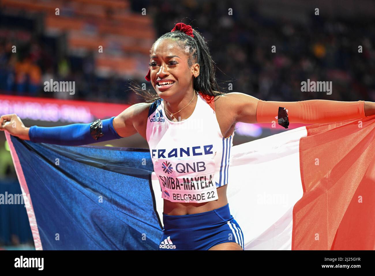 Cyrena Samba-Mayela with the France flag at the Belgrade 2022 Indoor ...