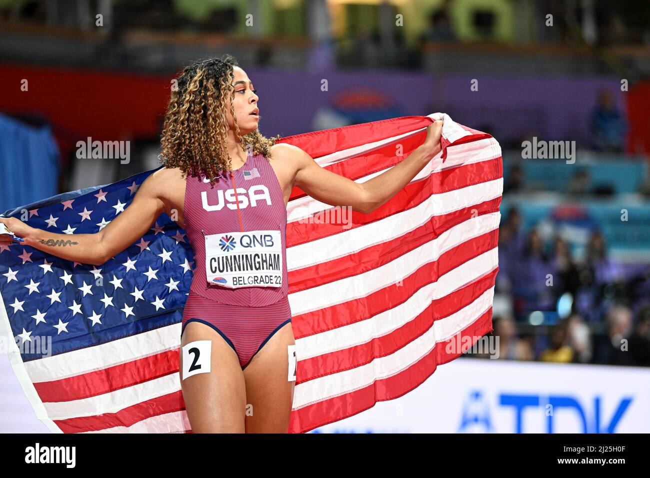 Gabriele Cunningham the EEUU flag at the Belgrade 2022 Indoor World ...