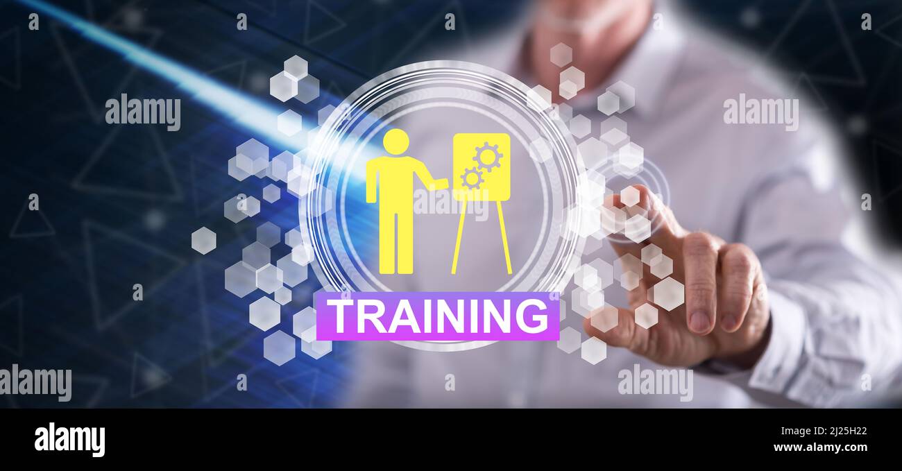 Man touching a training concept on a touch screen with his finger Stock ...