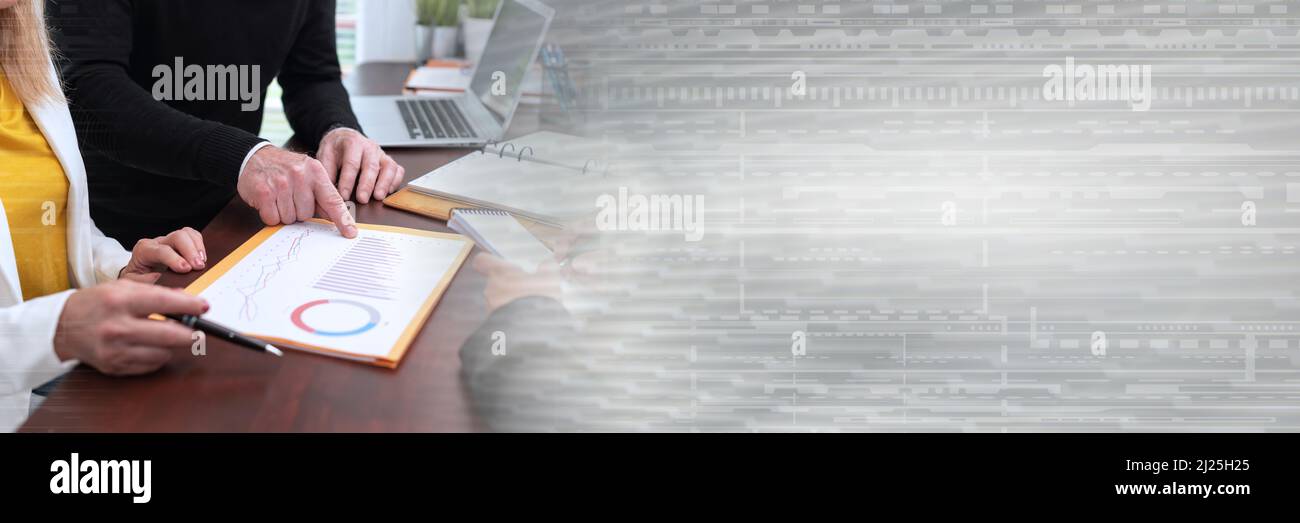 Group of three people working together. teamwork concept; panoramic ...