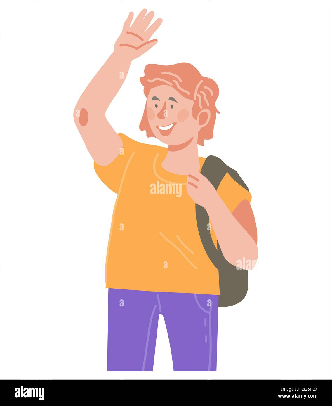 Happy schoolboy smiling waving hands, flat vector illustration isolated ...