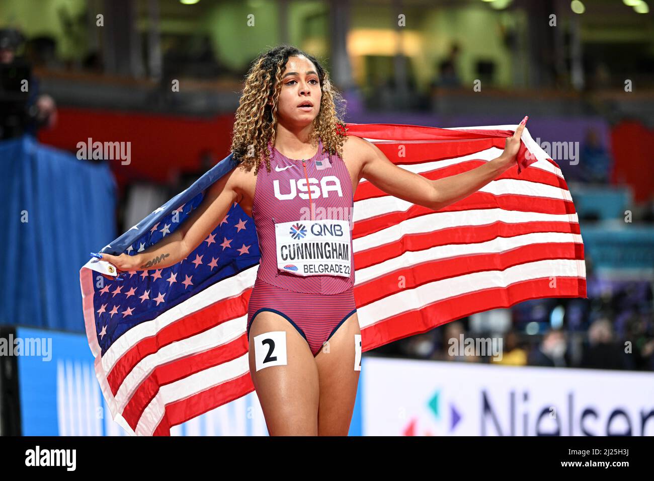 Gabriele Cunningham the EEUU flag at the Belgrade 2022 Indoor World ...