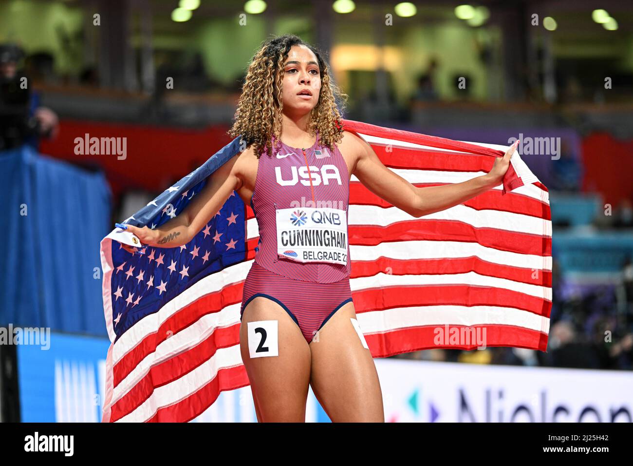 Gabriele Cunningham the EEUU flag at the Belgrade 2022 Indoor World ...