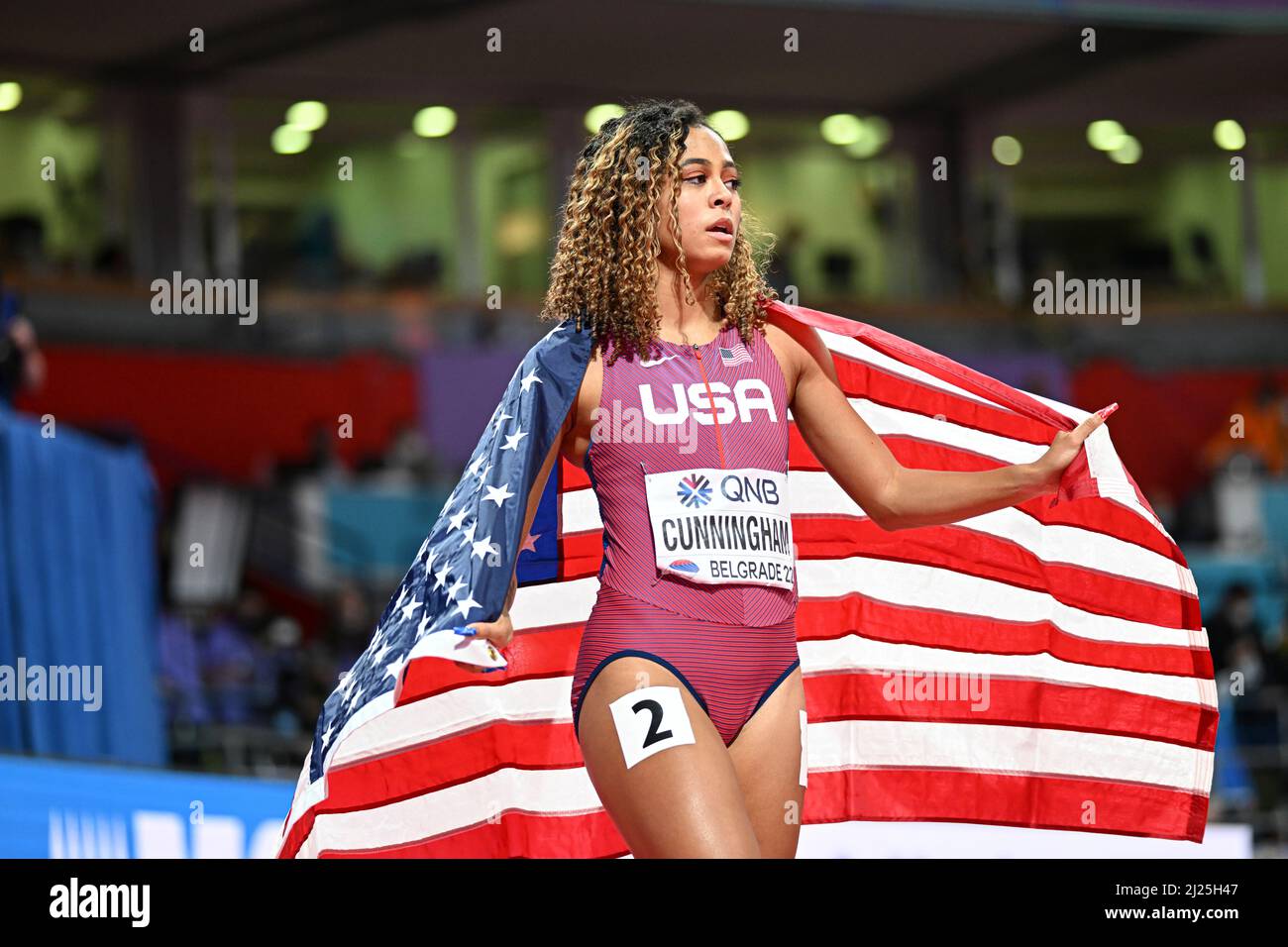 Gabriele Cunningham the EEUU flag at the Belgrade 2022 Indoor World ...