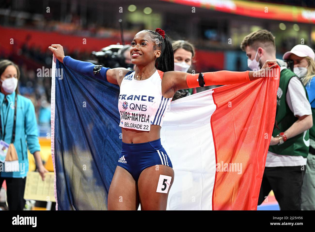 Cyrena Samba-Mayela with the France flag at the Belgrade 2022 Indoor ...