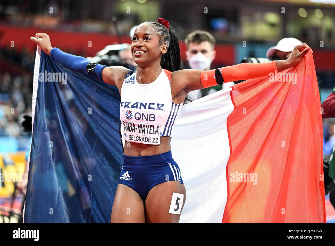 Cyrena Samba-Mayela with the France flag at the Belgrade 2022 Indoor ...