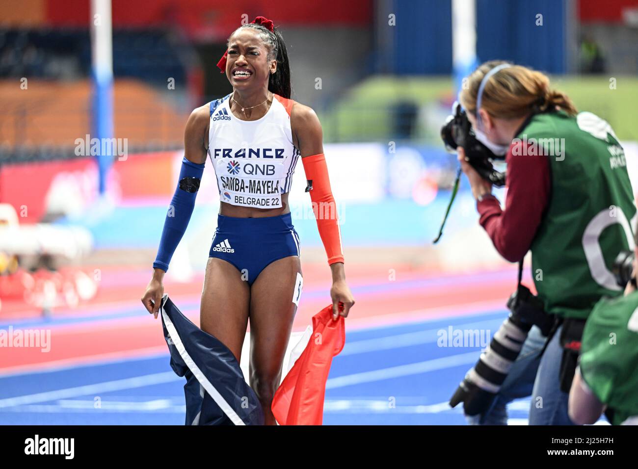 Cyrena Samba-Mayela with the France flag at the Belgrade 2022 Indoor ...