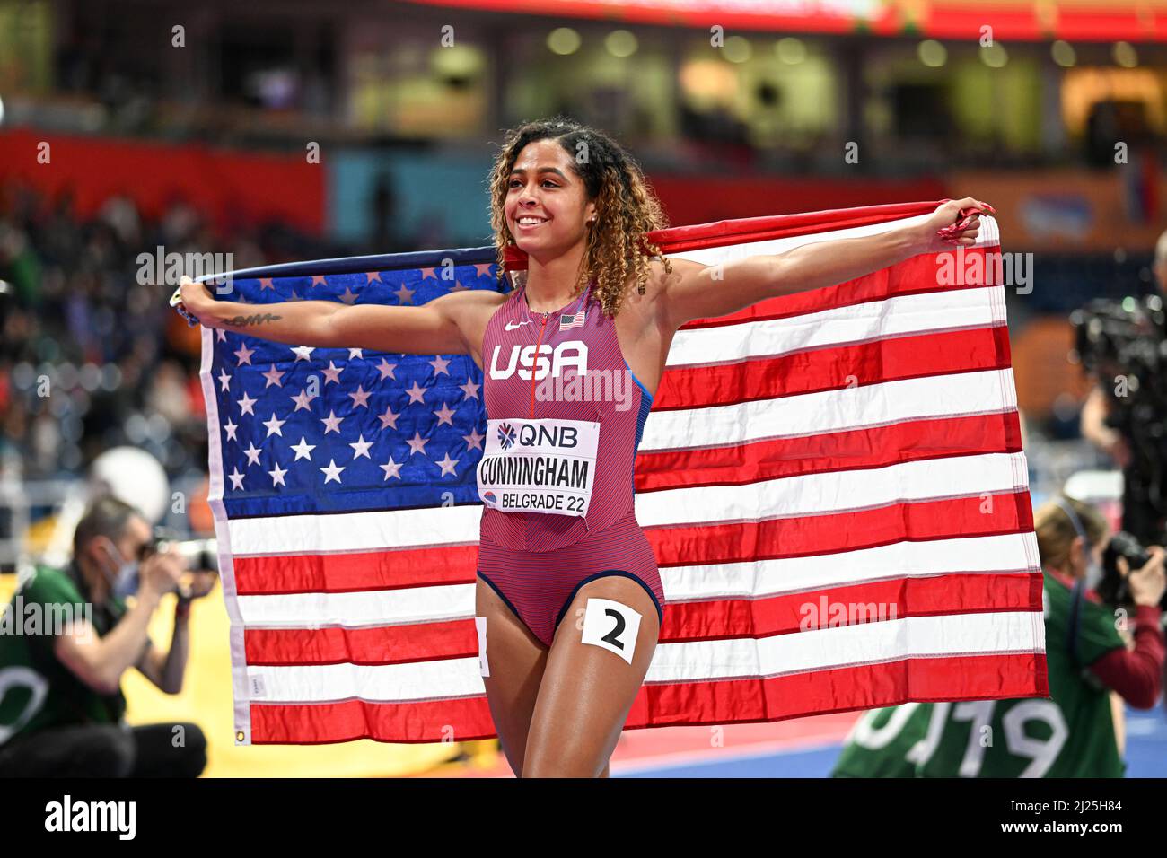 Gabriele Cunningham the EEUU flag at the Belgrade 2022 Indoor World ...