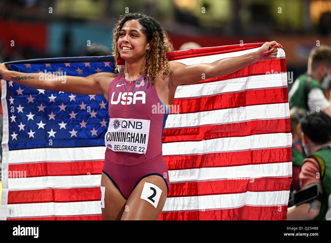 Gabriele Cunningham the EEUU flag at the Belgrade 2022 Indoor World ...