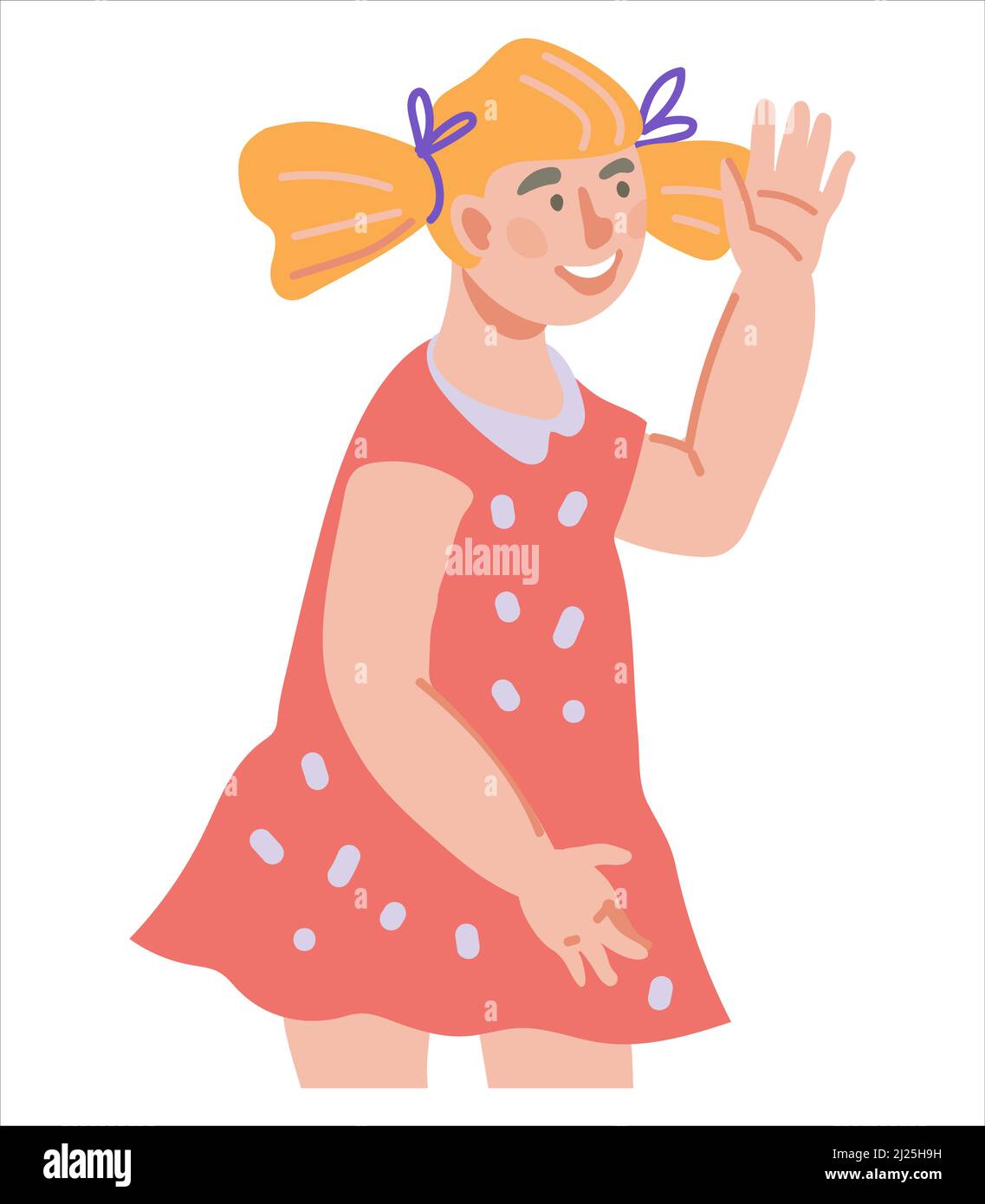 Smiling child girl of elementary school or kindergarten age waving ...