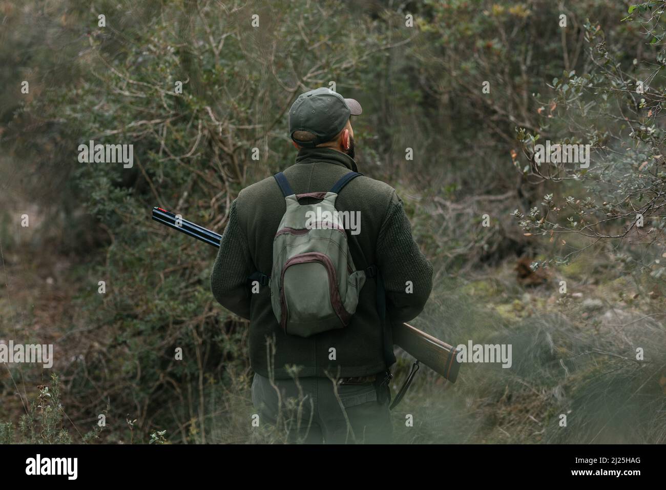 Man with rifle seeking animals while hunting in woods Stock Photo - Alamy