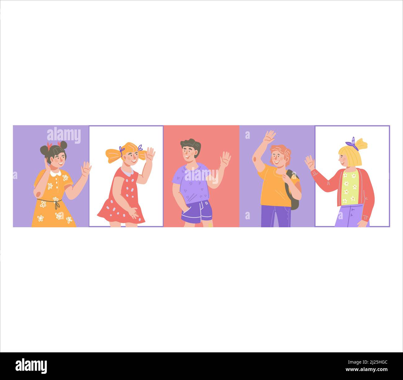 Group of kids waving goodbye hi-res stock photography and images - Alamy