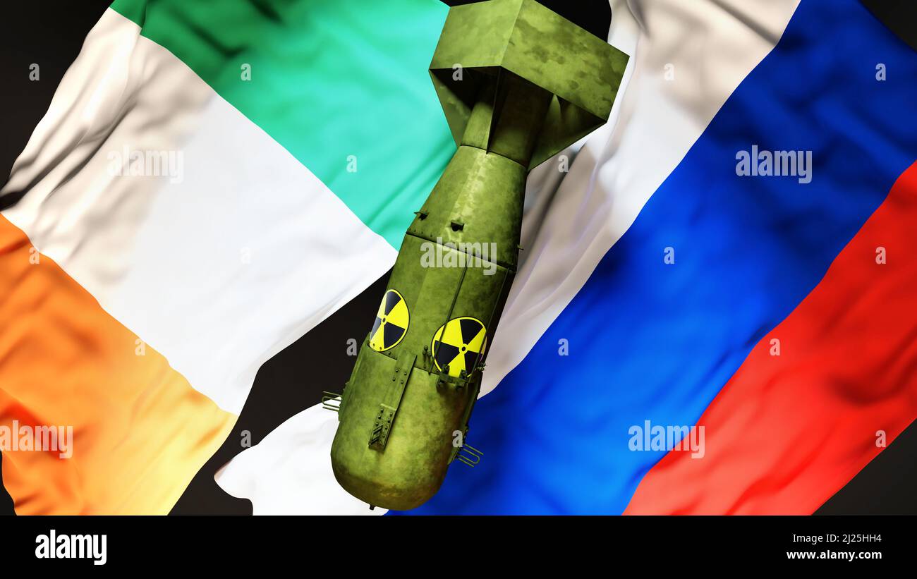 Ireland and Russia nuclear war, conflict and crisis. National flags and ...