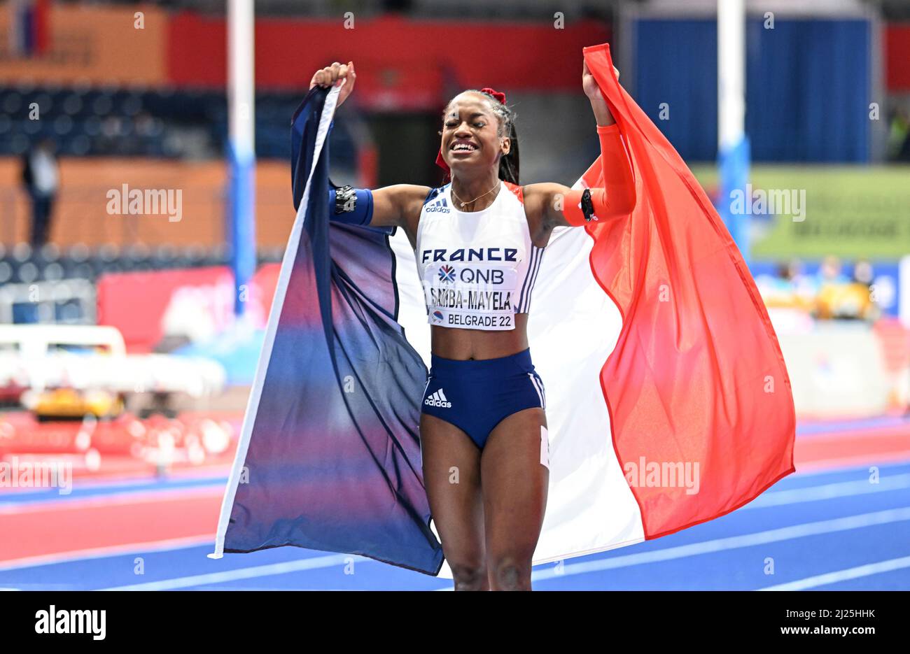 Cyrena Samba-Mayela with the France flag at the Belgrade 2022 Indoor ...