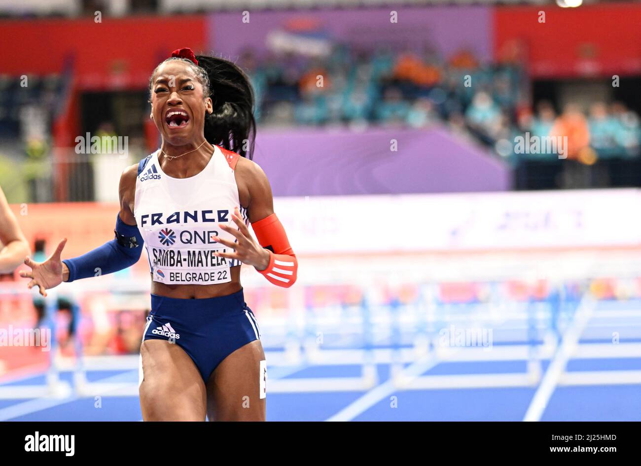 Cyrena Samba-Mayela with the France flag at the Belgrade 2022 Indoor ...