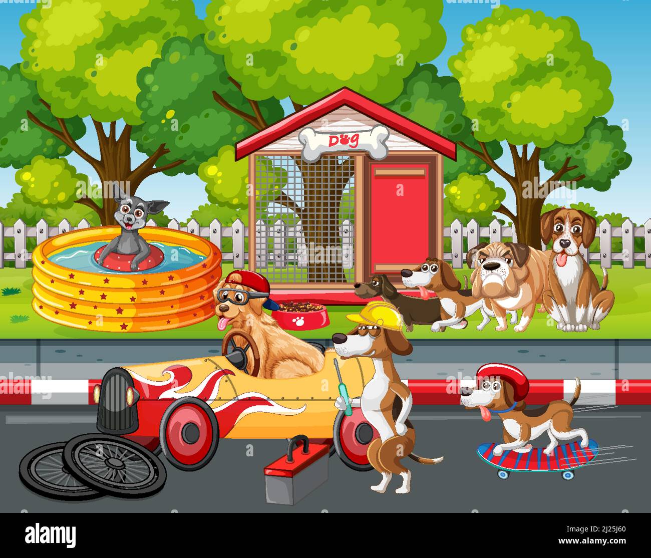 Dogs driving a car and dog fix the car on park background illustration ...