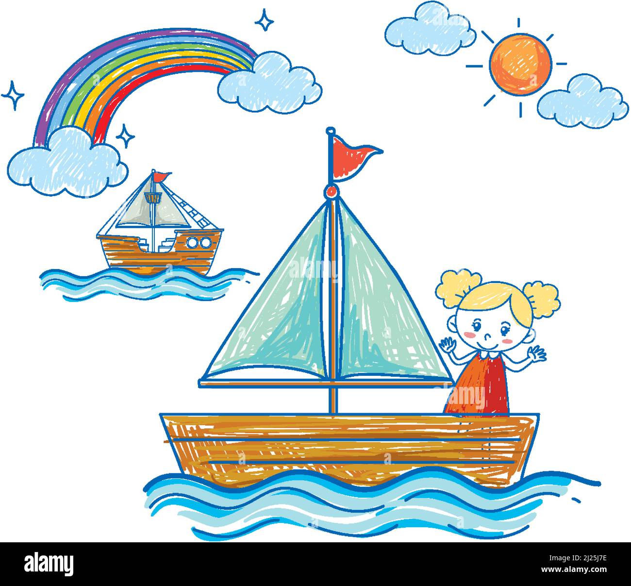 Coloured hand drawn ship and girl illustration Stock Vector Image & Art ...
