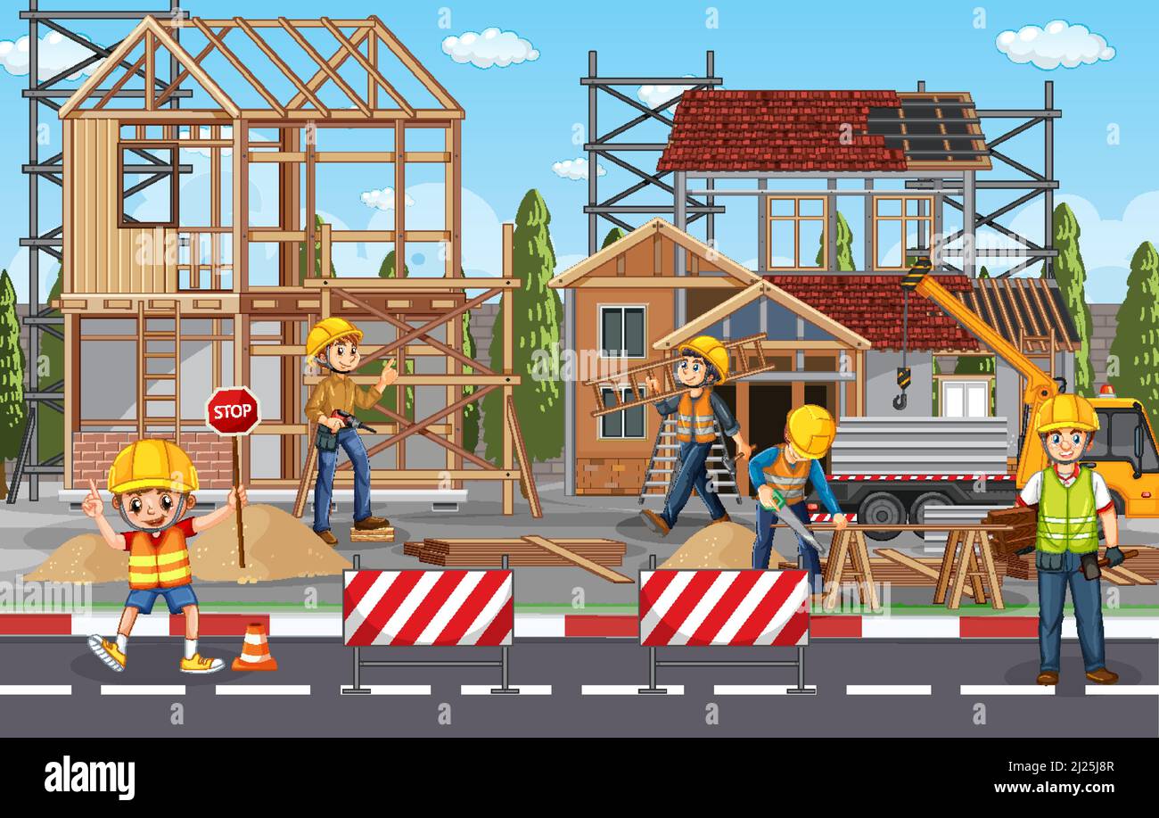 Building construction site with workers illustration Stock Vector Image ...