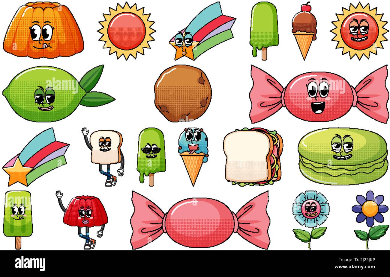 Set of facial expression with vintage style food cartoon on white ...