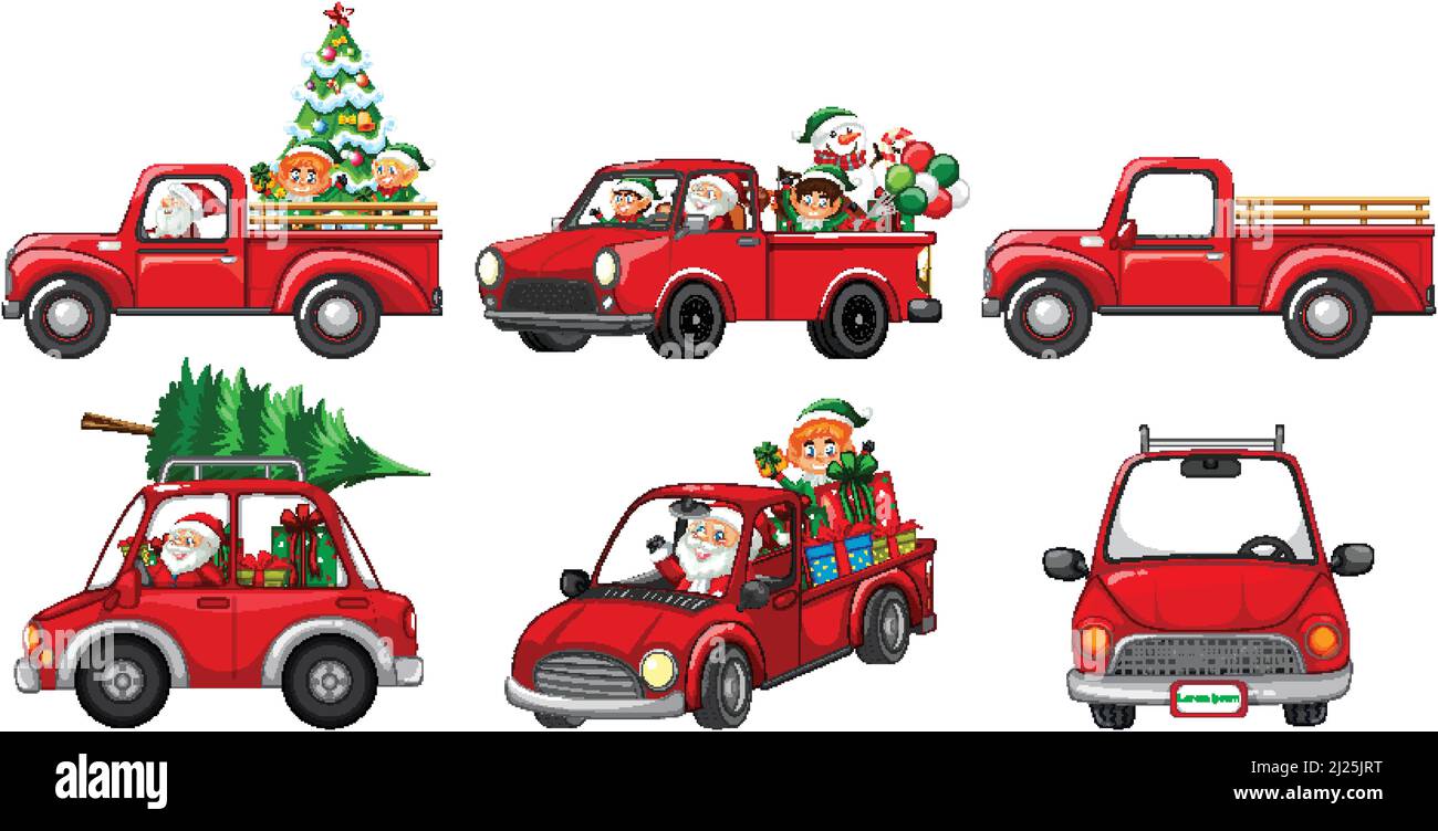 Set of different Christmas cars and Santa Claus characters illustration ...
