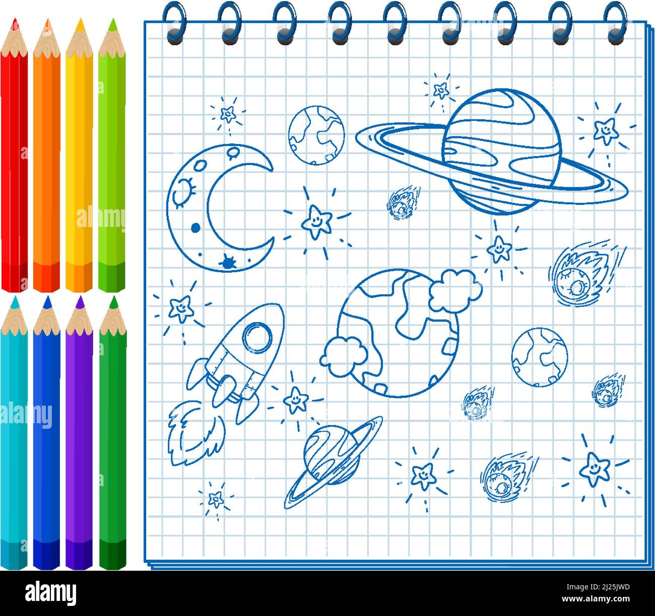 A notebook with a doodle sketch design and colour pencils illustration ...