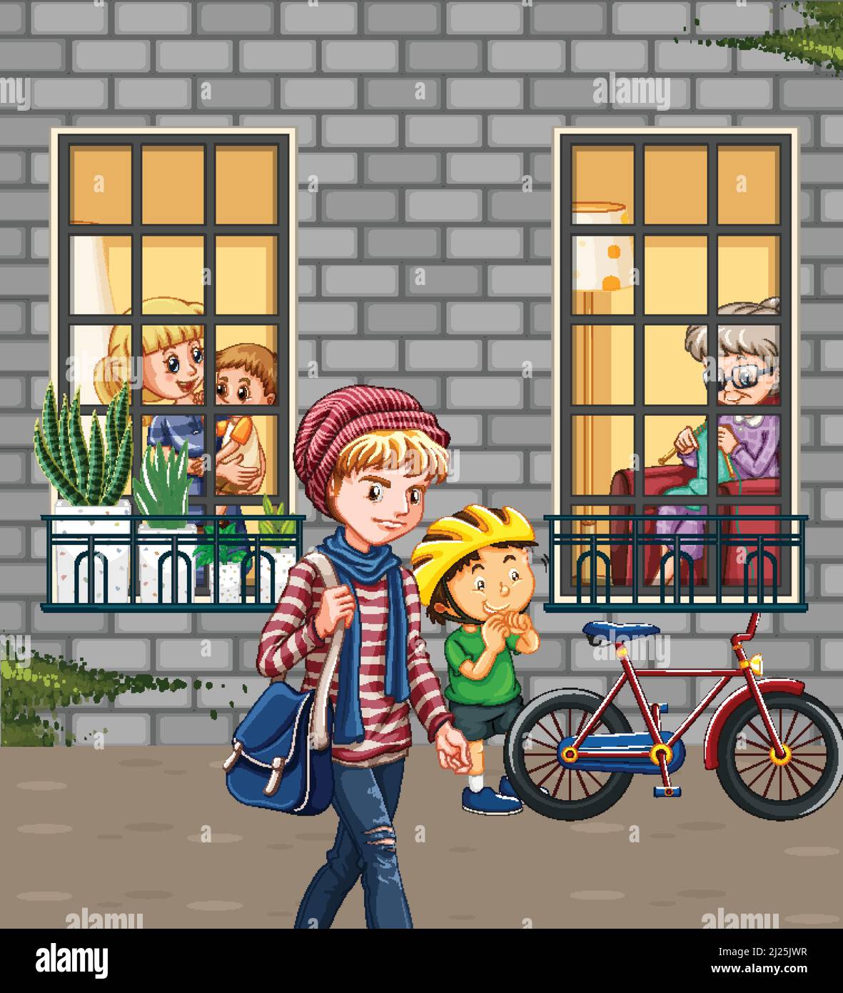 Outdoor scene with people in cartoon style illustration Stock Vector ...