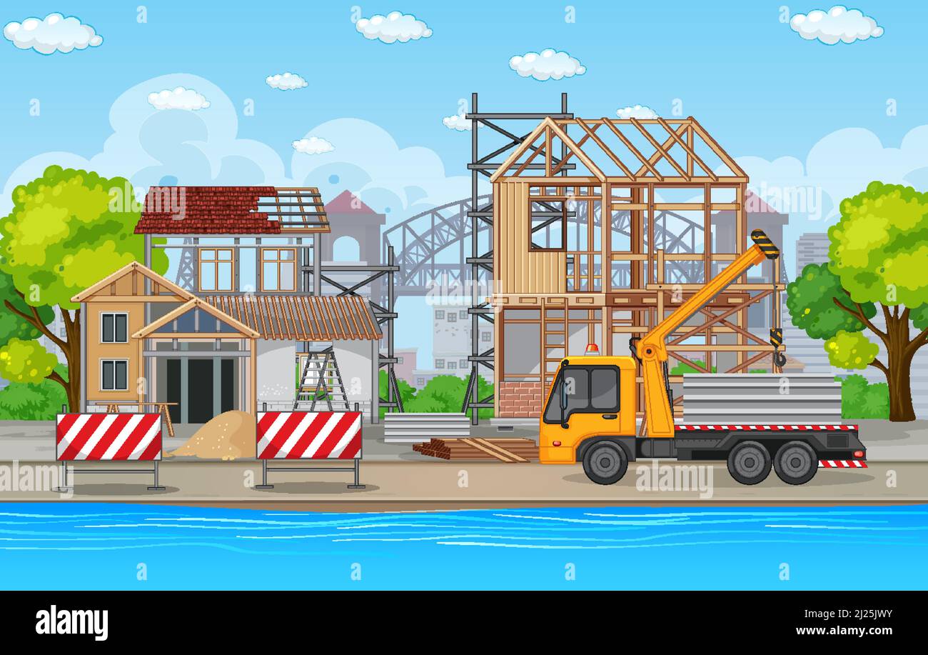 Cartoon scene of building construction site illustration Stock Vector ...