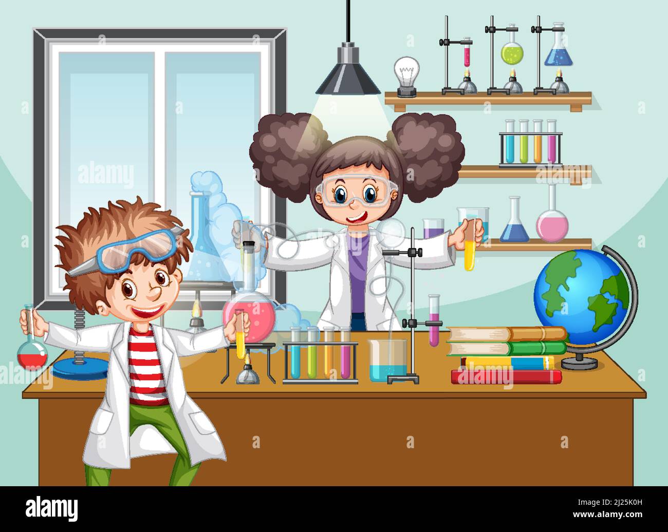 Classroom scene with scientist doing experiment illustration Stock ...