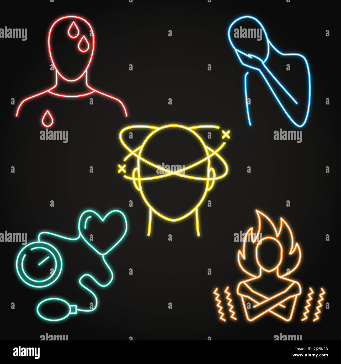 Neon illness symptoms icon set. Chills or heat sensations, sweating ...