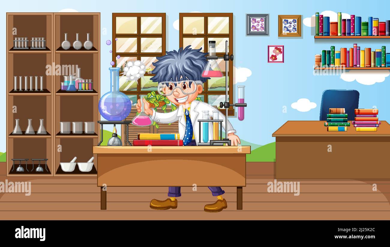 Laboratory scene with scientist cartoon character illustration Stock ...