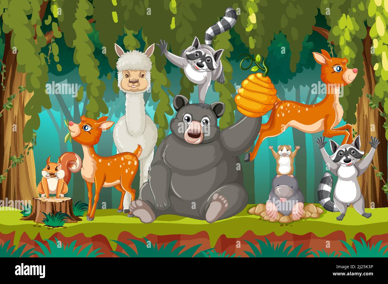 Nature scene with many trees and animals illustration Stock Vector ...